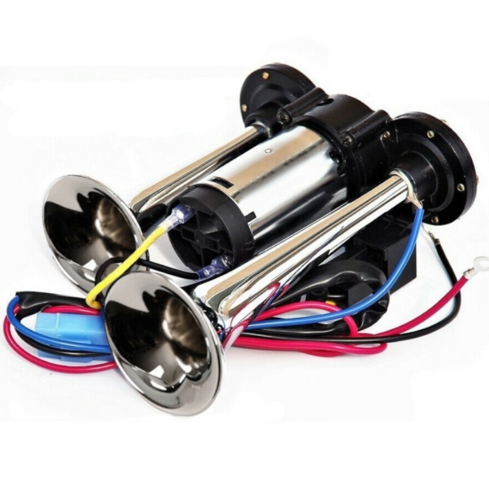 Claxon Auto Universal, cu 2 pipe Cromate si Compresor Integrat ,12V ...
